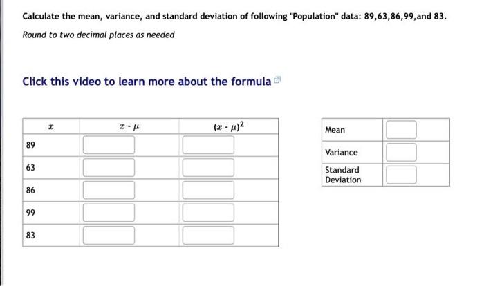 Solved Calculate the mean, variance, and standard deviation | Chegg.com