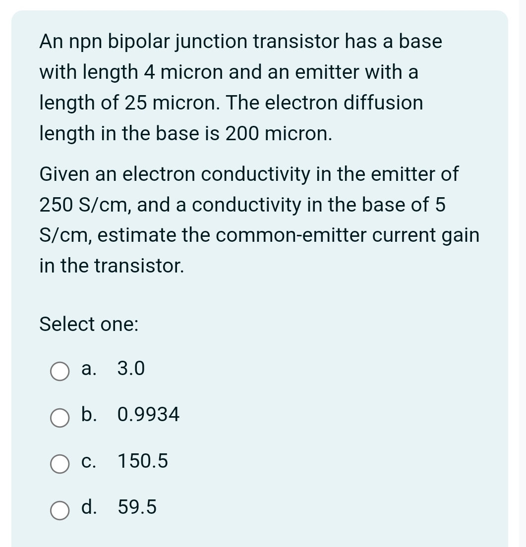 Solved An npn bipolar junction transistor has a base with | Chegg.com
