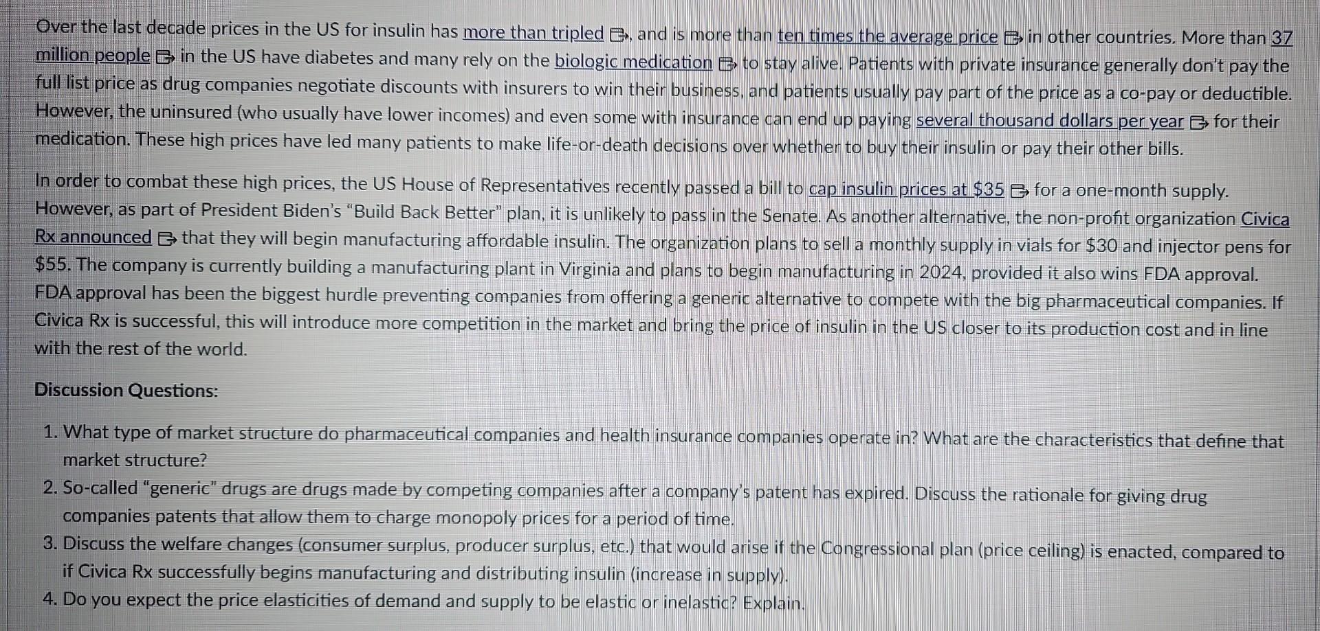 Solved Over the last decade prices in the US for insulin has | Chegg.com