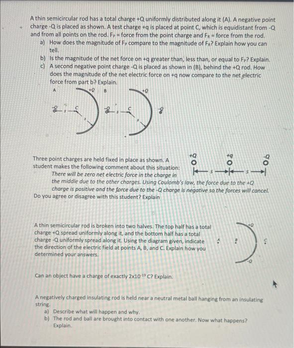 Solved A thin semicircular rod has a total charge +Q | Chegg.com