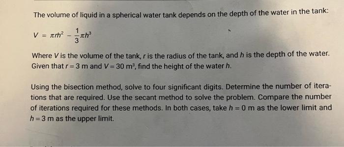Solved The volume of liquid in a spherical water tank | Chegg.com