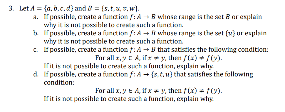 Solved Let A={a,b,c,d} ﻿and B={s,t,u,v,w}.a. ﻿If possible, | Chegg.com