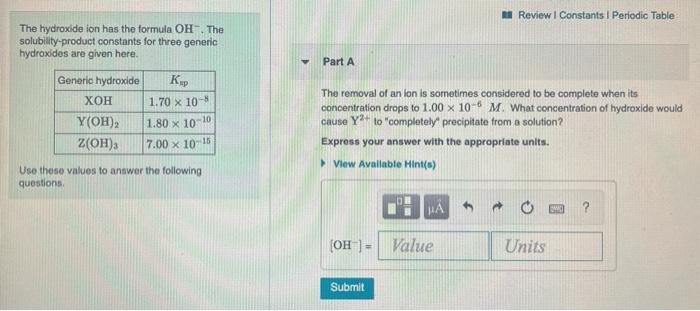 Solved Review 1 Constants I Periodic Table The hydroxide ion | Chegg.com