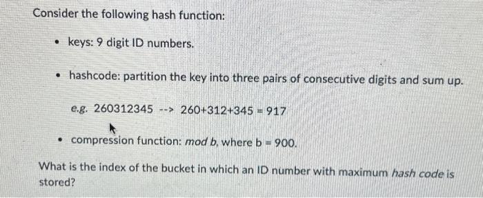 Solved Consider the following hash function: - keys: 9 digit | Chegg.com