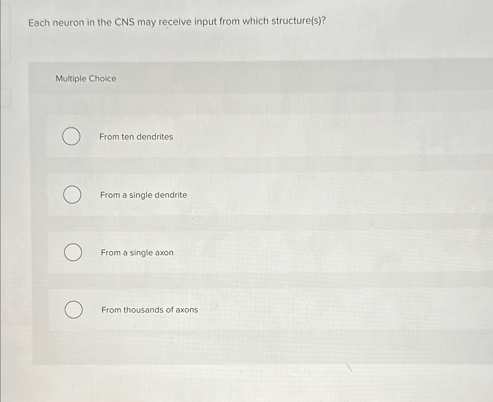 Solved Each neuron in the CNS may receive input from which | Chegg.com