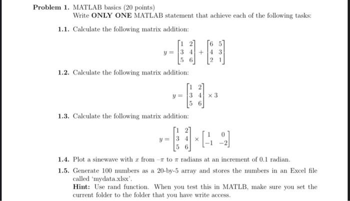 Solved Problem 1 Matlab Basies 20 Points Write Only One