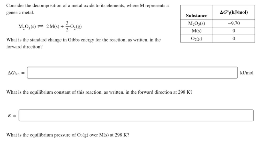 Solved Consider the decomposition of a metal oxide to its | Chegg.com