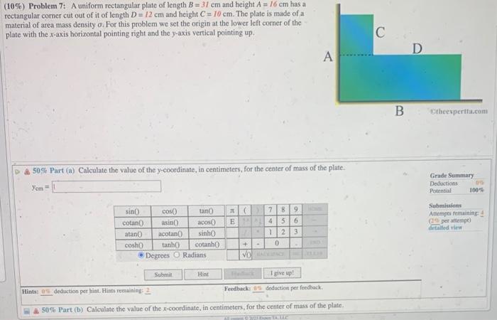 Solved (10%) Problem 7: A uniform rectangular plate of | Chegg.com
