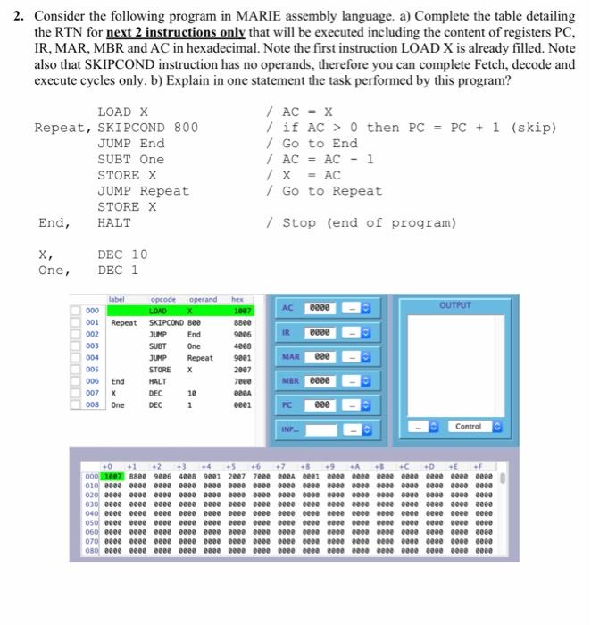 2. Consider the following program in MARIE assembly | Chegg.com