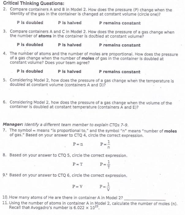 Model 2: Representation of some gases and their | Chegg.com