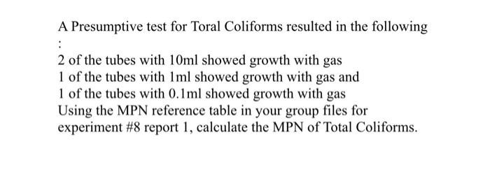 Solved A Presumptive test for Toral Coliforms resulted in | Chegg.com