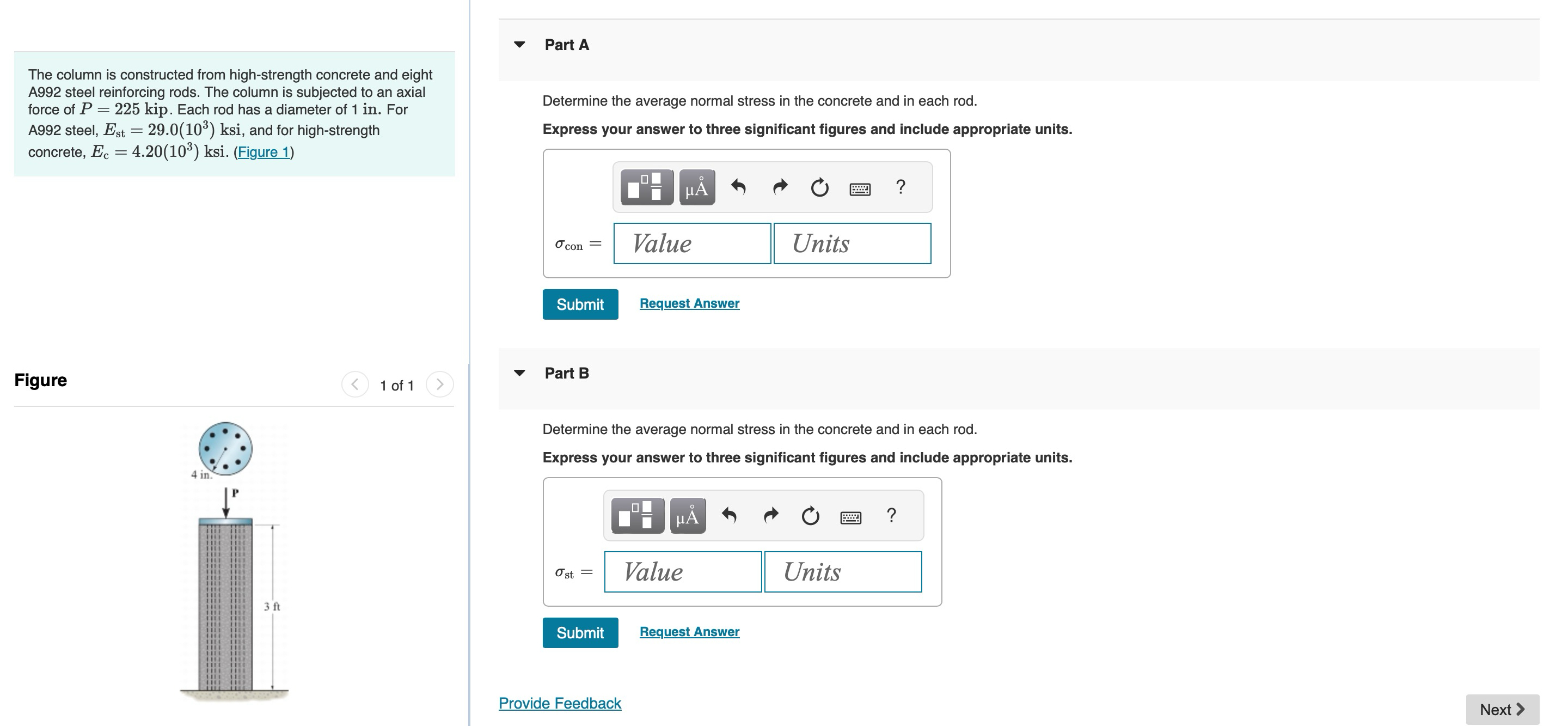 Solved The column is constructed from high-strength concrete | Chegg.com