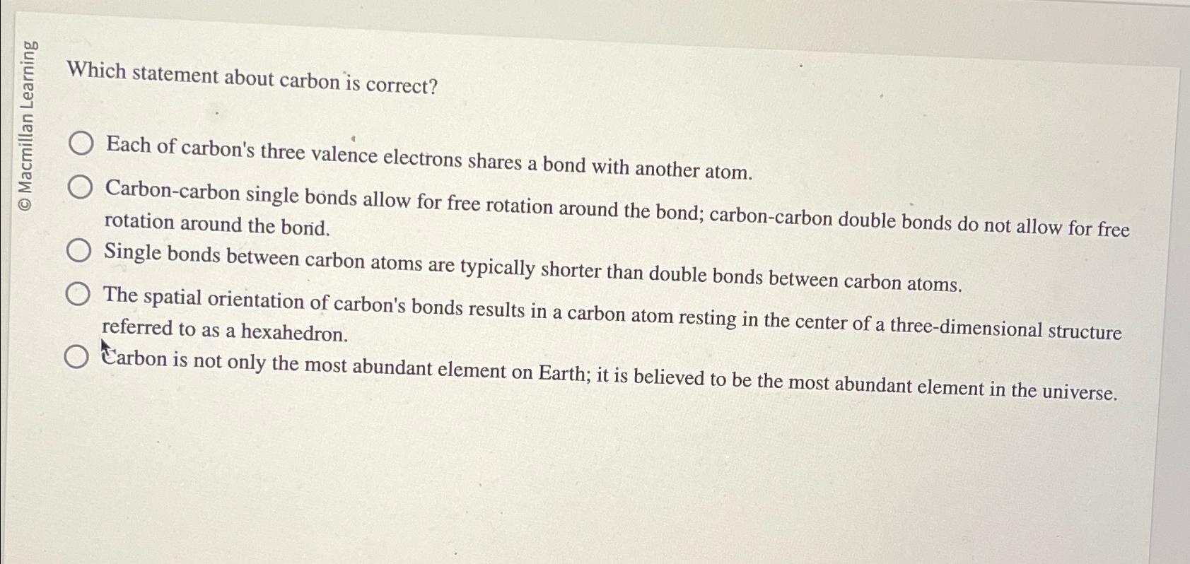 Solved Which statement about carbon is correct?Each of | Chegg.com
