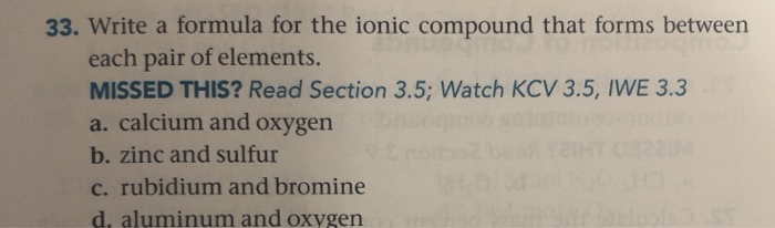 Solved 33. Write a formula for the ionic compound that forms | Chegg.com