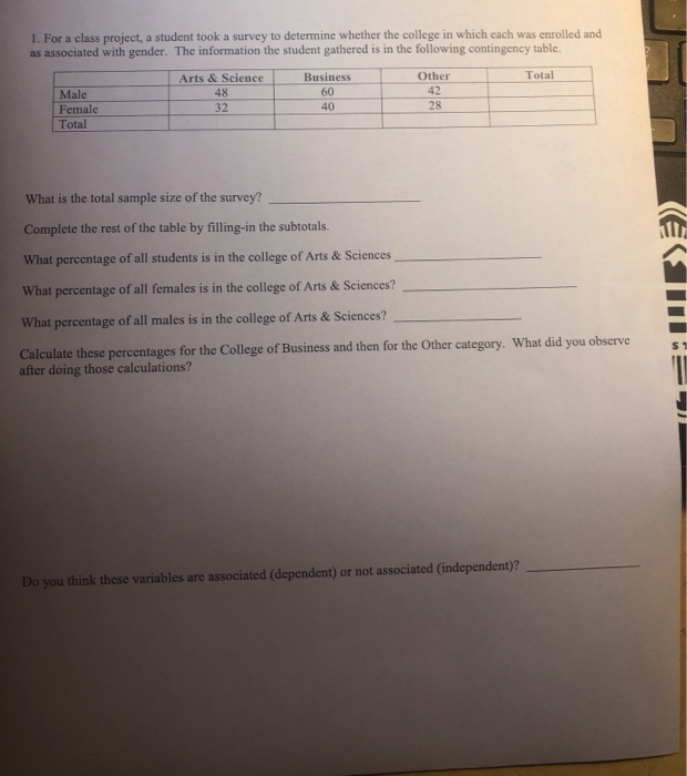 Solved 1. For a class project, a student took a survey to | Chegg.com