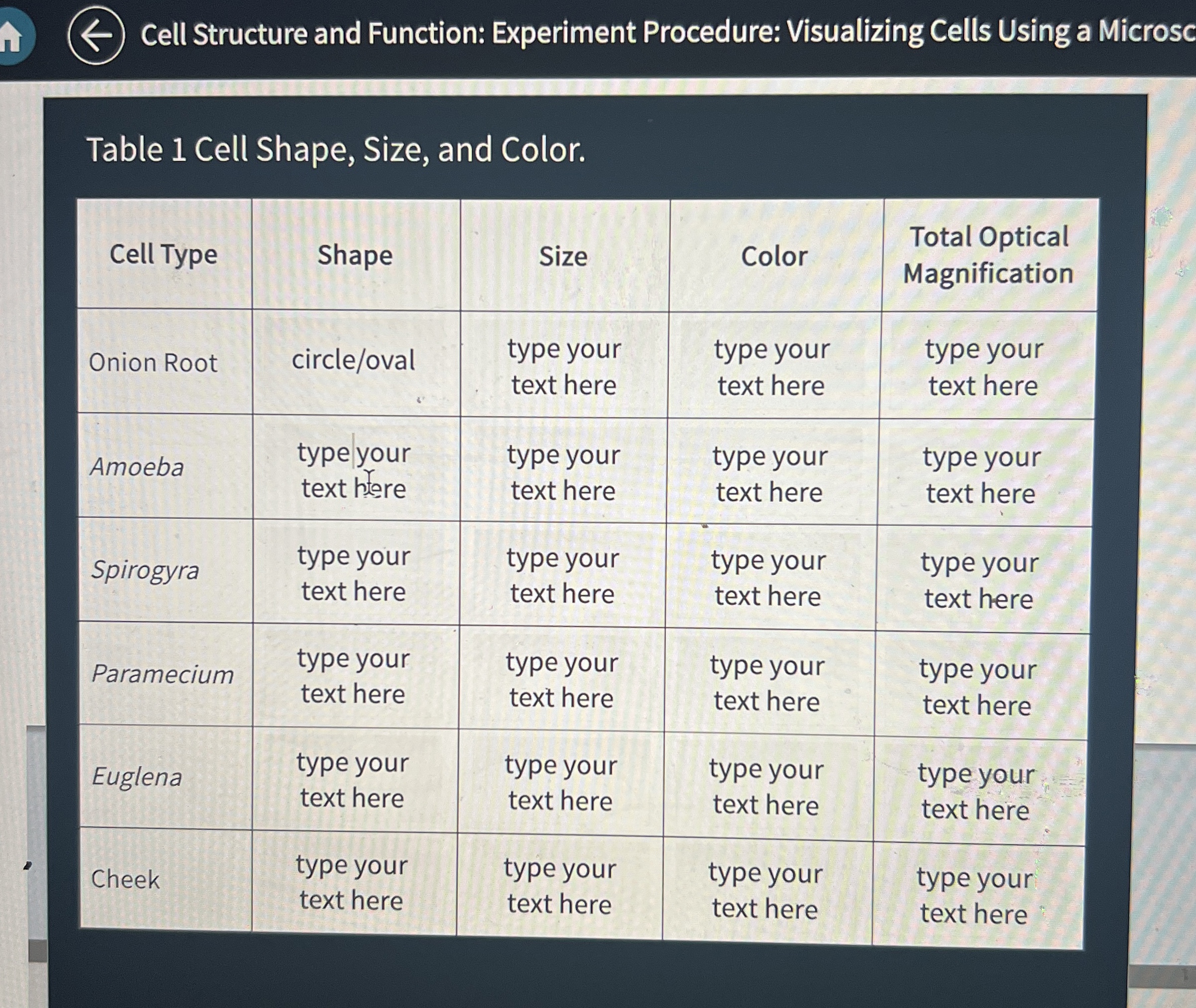 Solved Cell Structure and Function: Experiment Procedure: | Chegg.com