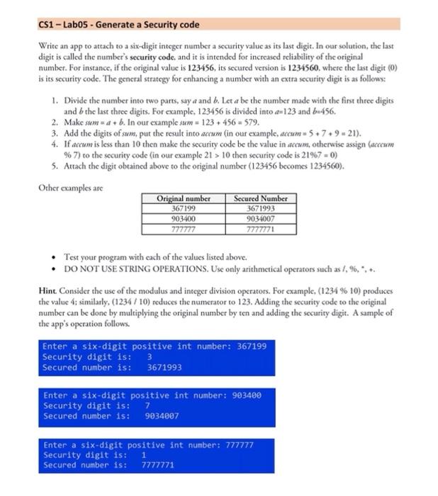 Solved Cs1 Labos Generate A Security Code Write An App 