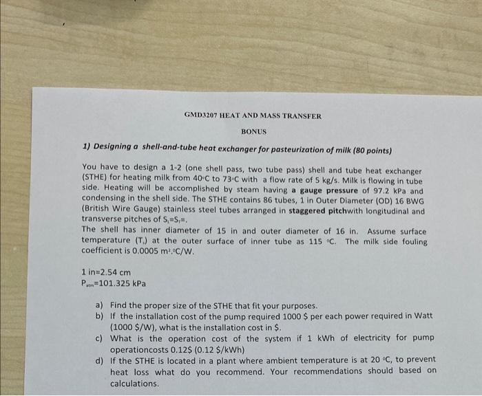 Solved BONUS 1) Designing a shell-and-tube heat exchanger | Chegg.com