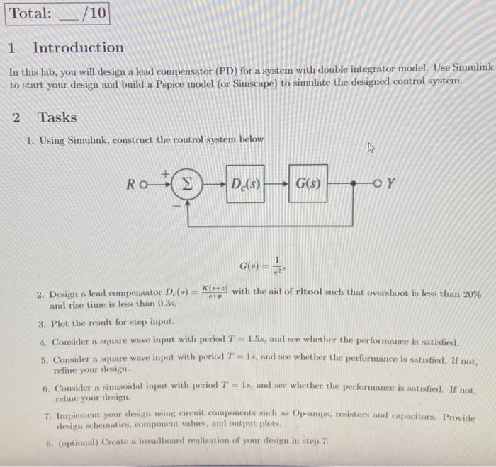 Solved In this lab, you will design a lead compensator (PD) | Chegg.com