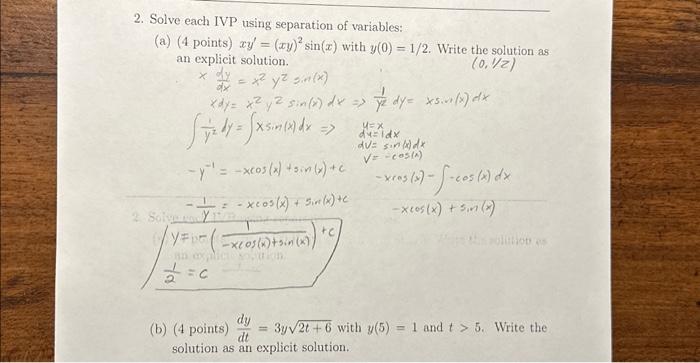 Solved 2. Solve each IVP using separation of variables: (a) | Chegg.com