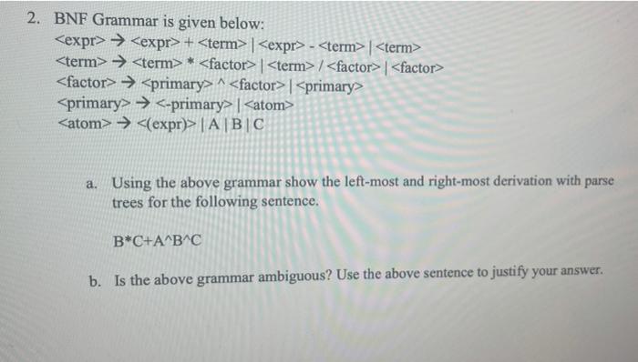Solved 2. BNF Grammar is given below: + | - | * | / | Chegg.com