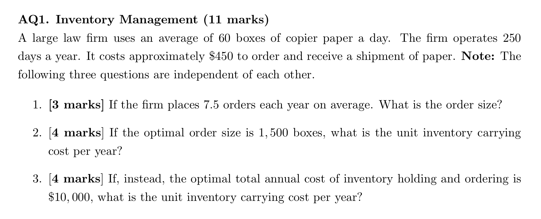 Solved AQ1. ﻿Inventory Management (11 ﻿marks)A large law | Chegg.com