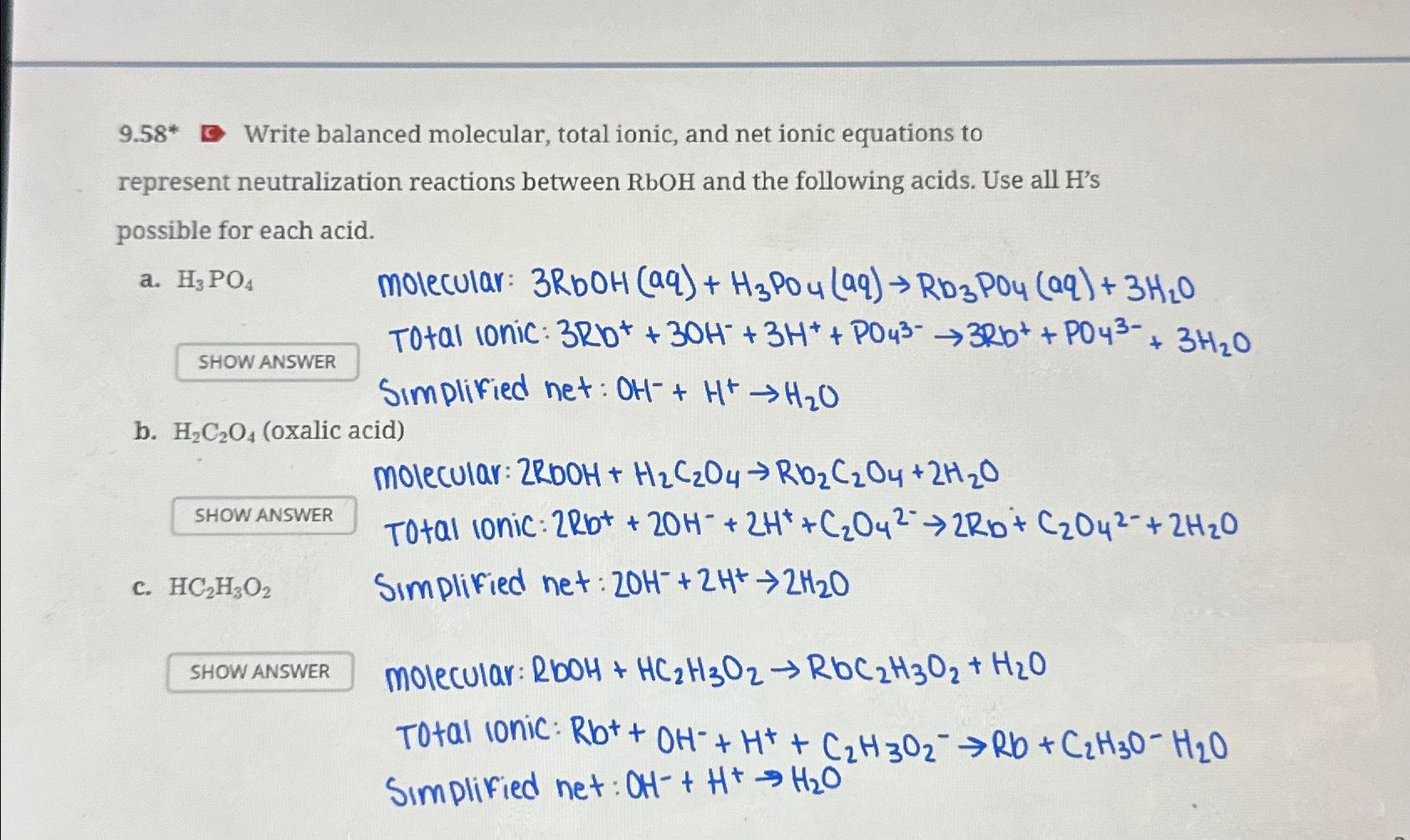 Solved 9.58* ﻿Write balanced molecular, total ionic, and net | Chegg.com