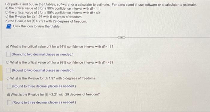 Solved For parts a and b, use the t tables, software, or a | Chegg.com