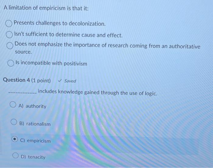 Solved A limitation of empiricism is that it: Presents | Chegg.com