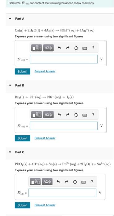 Solved Calculate E cell for each of the following balanced | Chegg.com