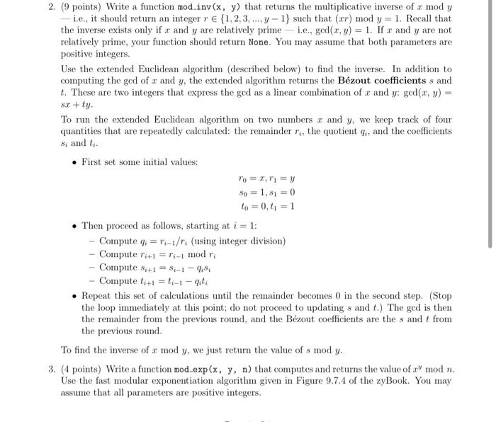 Solved 2. (9 points) Write a function mod_inv (x,y) that | Chegg.com