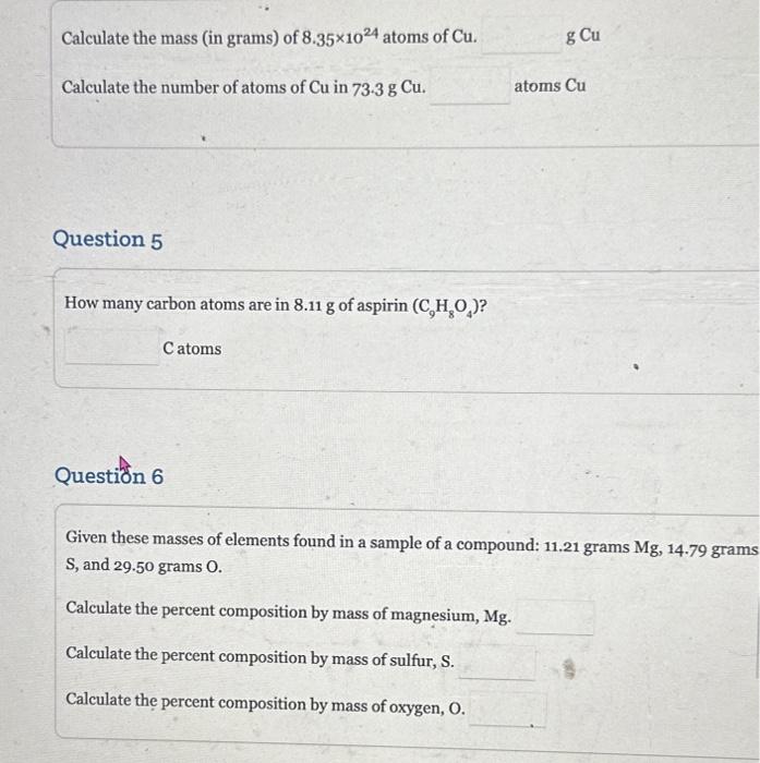 Solved Calculate the mass (in grams) of 8.35×1024 atoms of | Chegg.com
