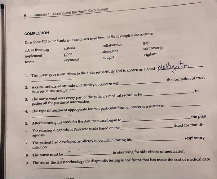 Solved COMPLETION Directions: Fill in the blanks with the | Chegg.com