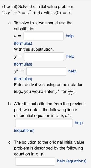 Solved (1 point) Solve the initial value problem 2yy' + 3 = | Chegg.com