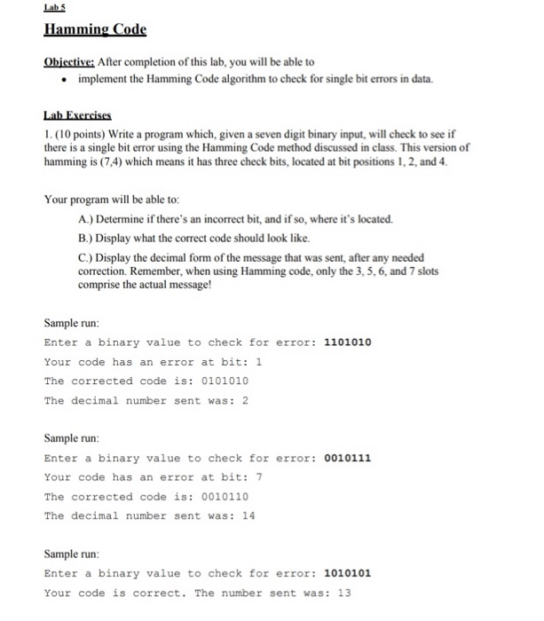 Solved Hamming Code Objective: After completion of this lab, | Chegg.com