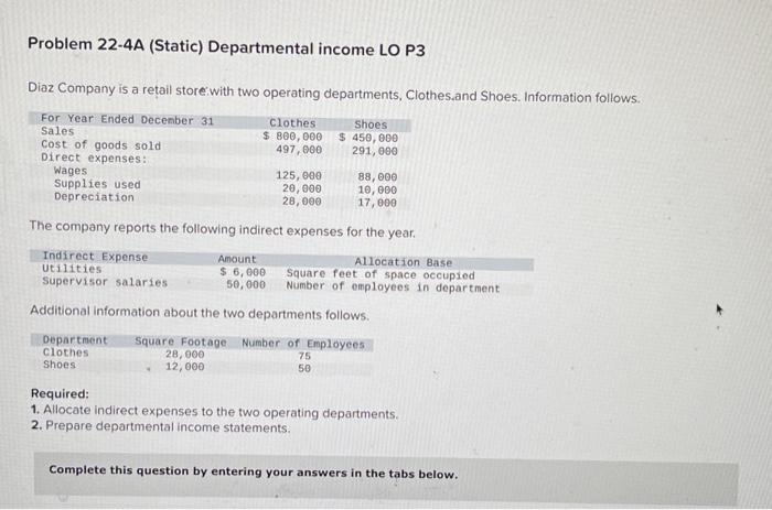 Solved Problem 22-4A (Static) Departmental income LO P3 Diaz | Chegg.com
