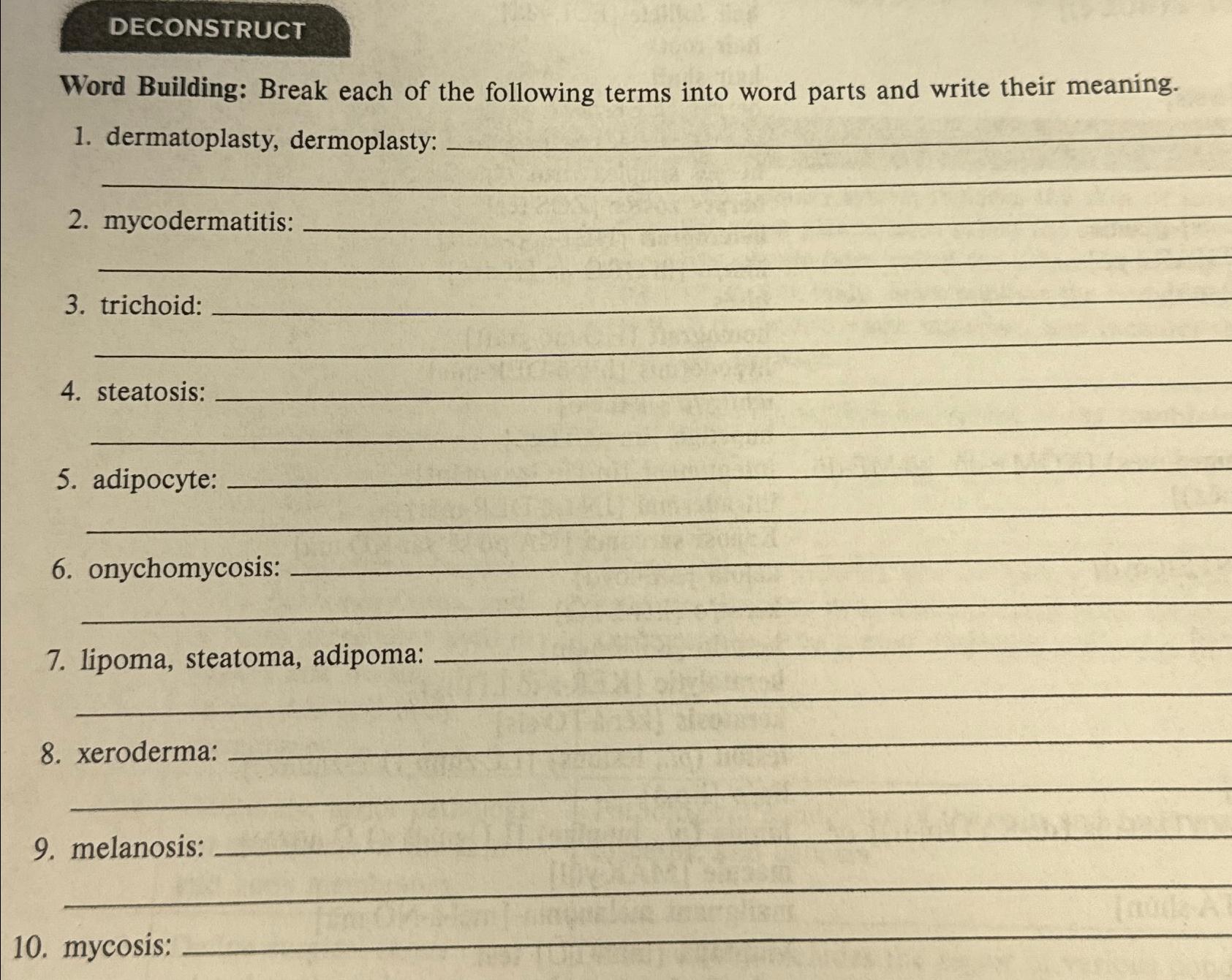 Solved DECONSTRUCTWord Building: Break each of the following | Chegg.com
