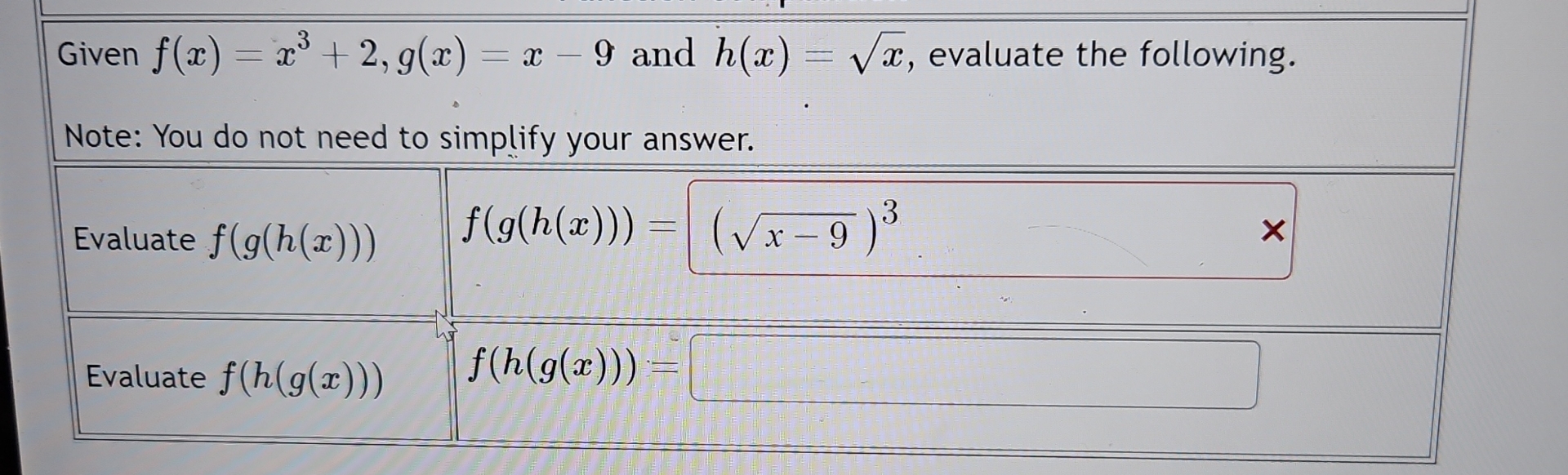 Solved Given f(x)=x3+2,g(x)=x-9 ﻿and h(x)=x2, ﻿evaluate the | Chegg.com