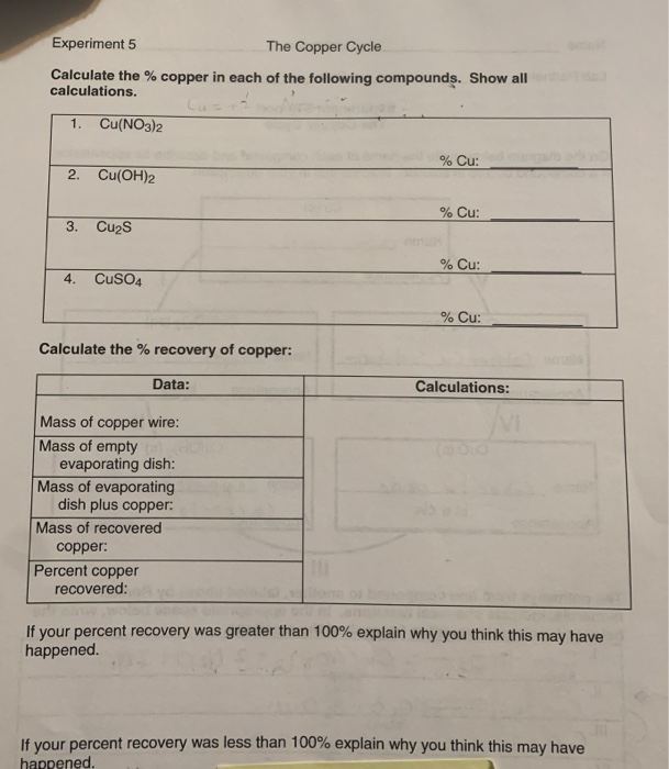 Solved Experiment 5 The Copper Cycle Calculate the % copper | Chegg.com