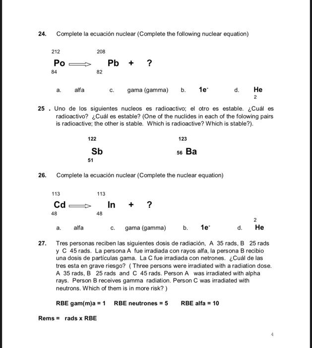 Solved 24. Complete la ecuación nuclear (Complete the | Chegg.com