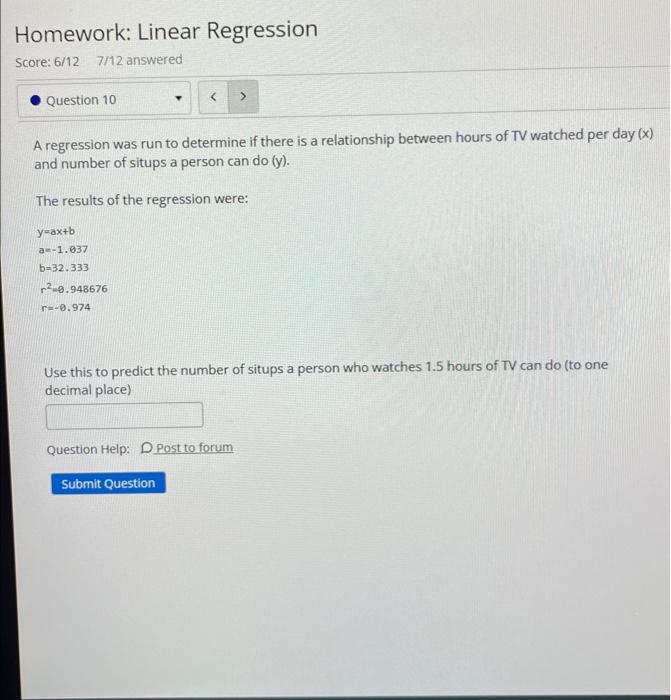 Solved Homework: Linear Regression Score: 6/127/12 answered | Chegg.com