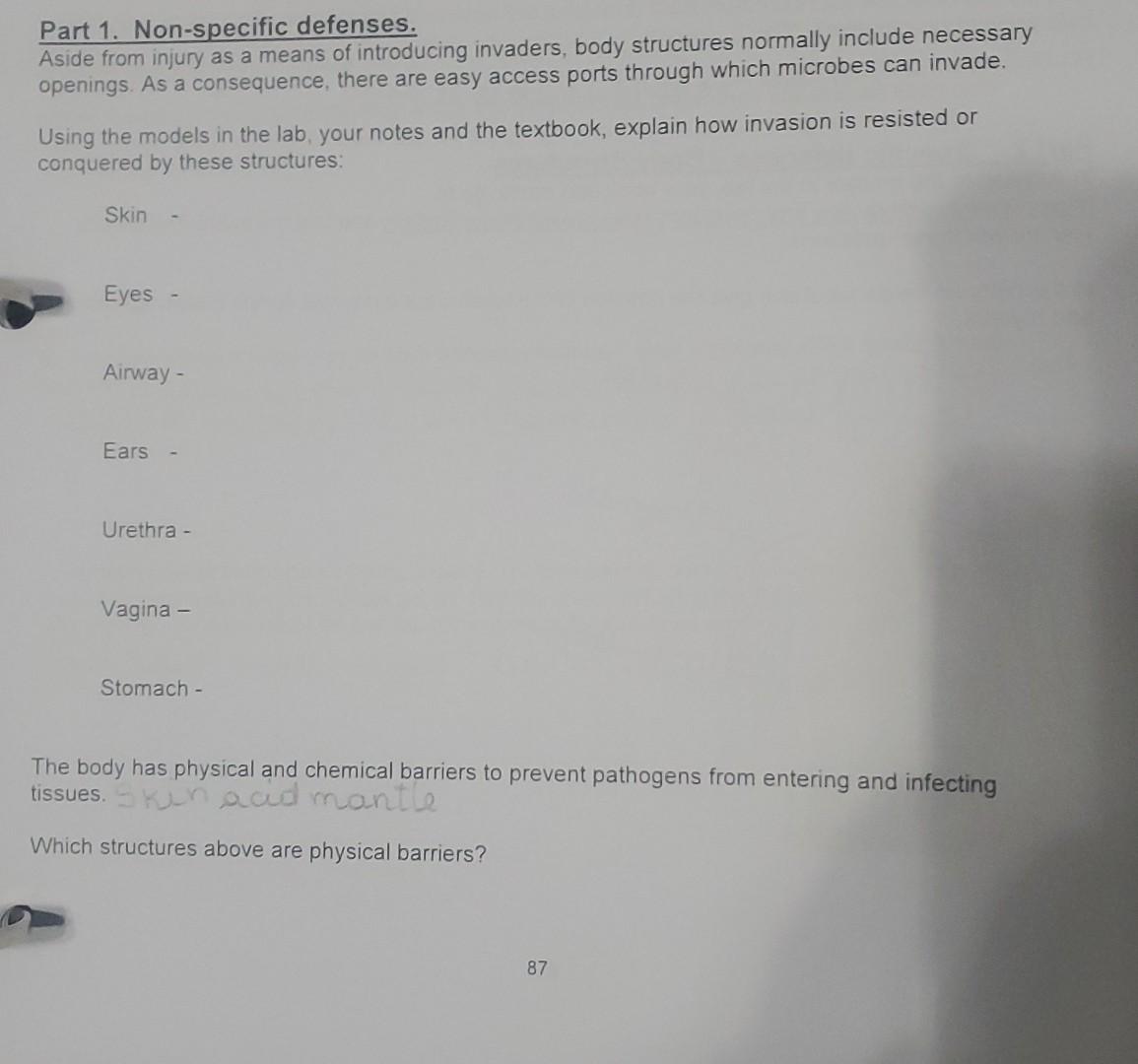 Solved Part 1. Non-specific defenses. Aside from injury as a | Chegg.com