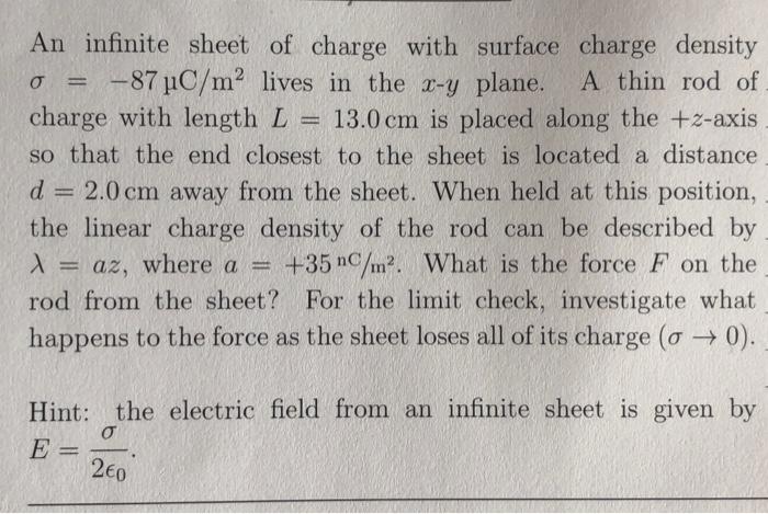 Solved An infinite sheet of charge with surface charge | Chegg.com