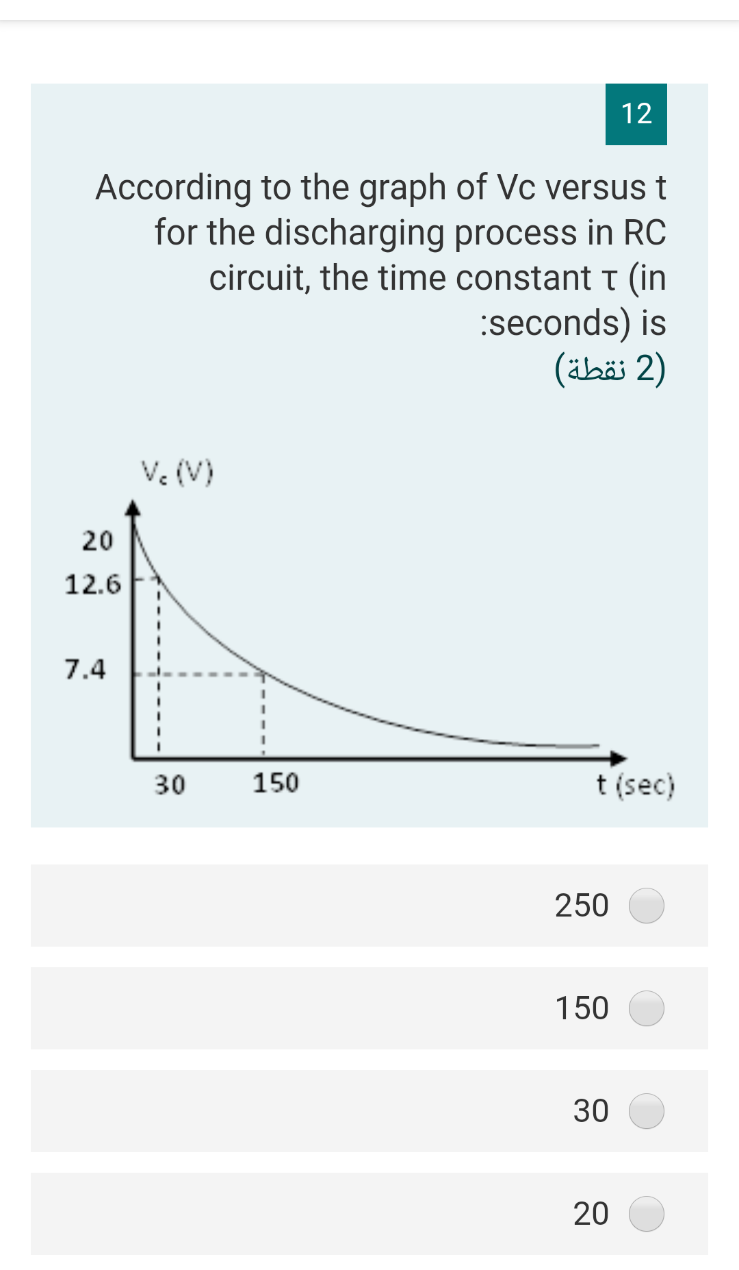 Solved 12 According to the graph of Vc versus t for the | Chegg.com