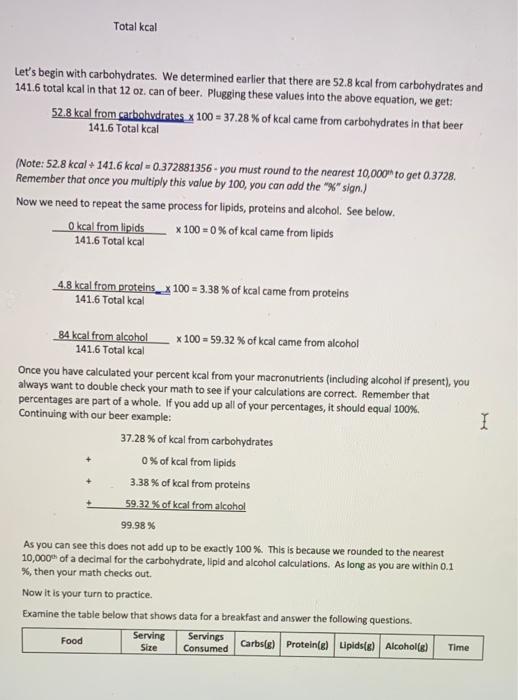 Solved Calculating Percent kcal from Macronutrients What is | Chegg.com