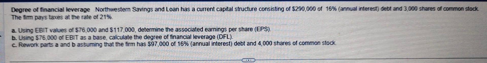 Solved \r\na. Calculate the EPS for EBIT value of \\( \\$ | Chegg.com