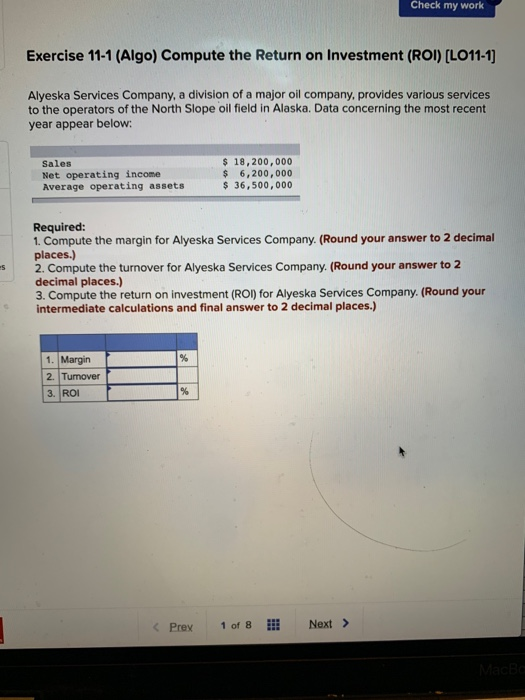 Solved Check my work Exercise 11-1 (Algo) Compute the Return | Chegg.com