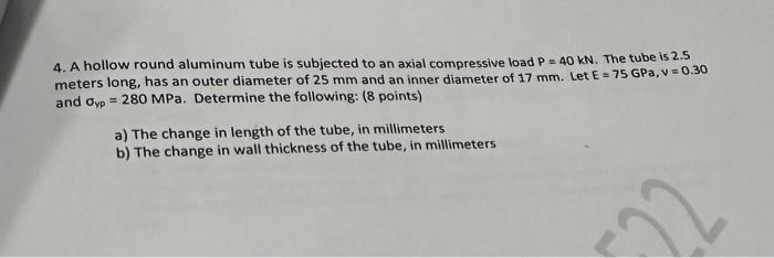 Solved 4. A hollow round aluminum tube is subjected to an | Chegg.com