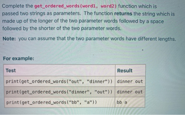 Solved Complete the get_ordered_words (word), word2) | Chegg.com