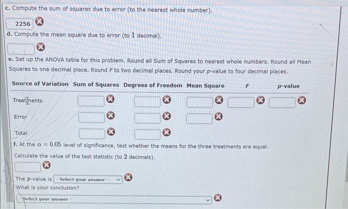 Solved a. Compute the sum of squares between treatments (to | Chegg.com